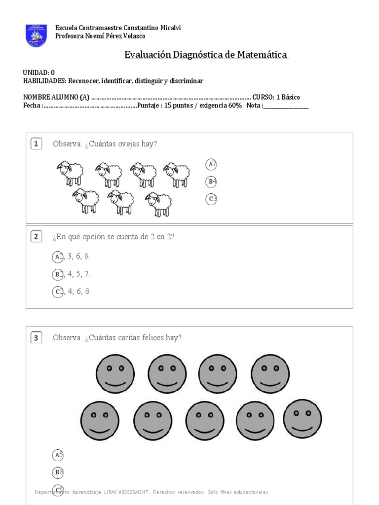 Evaluación Diagnóstica Matemática 1° Básico | PDF