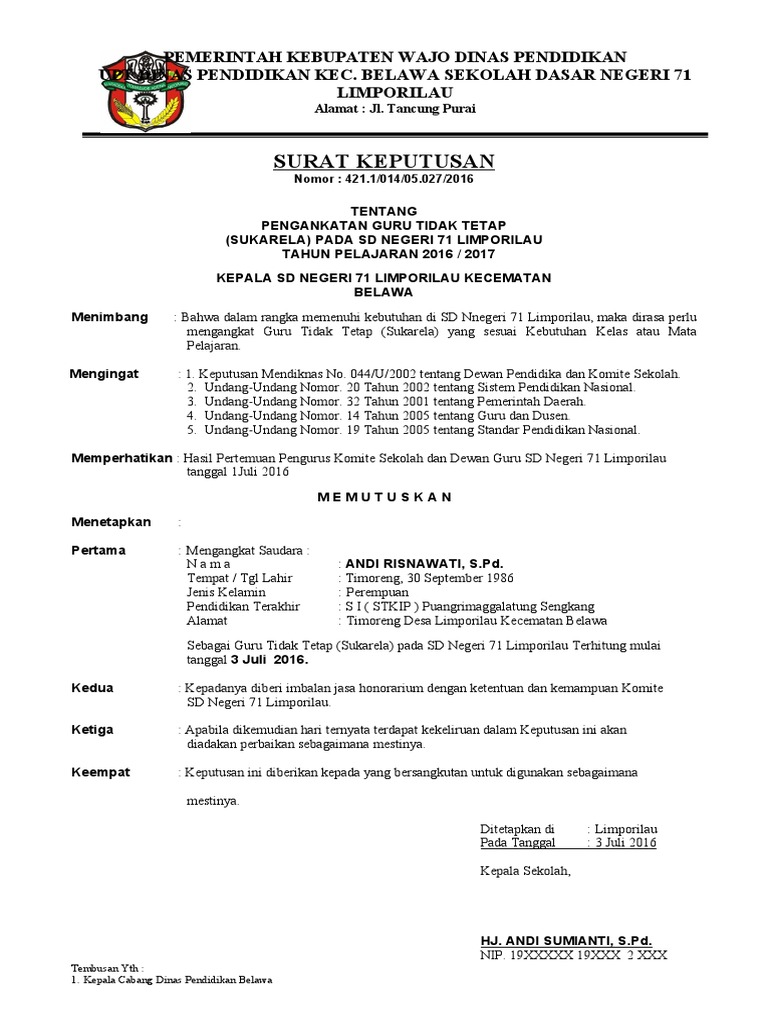 Pengangkatan Guru Sukarela SD 71 | PDF