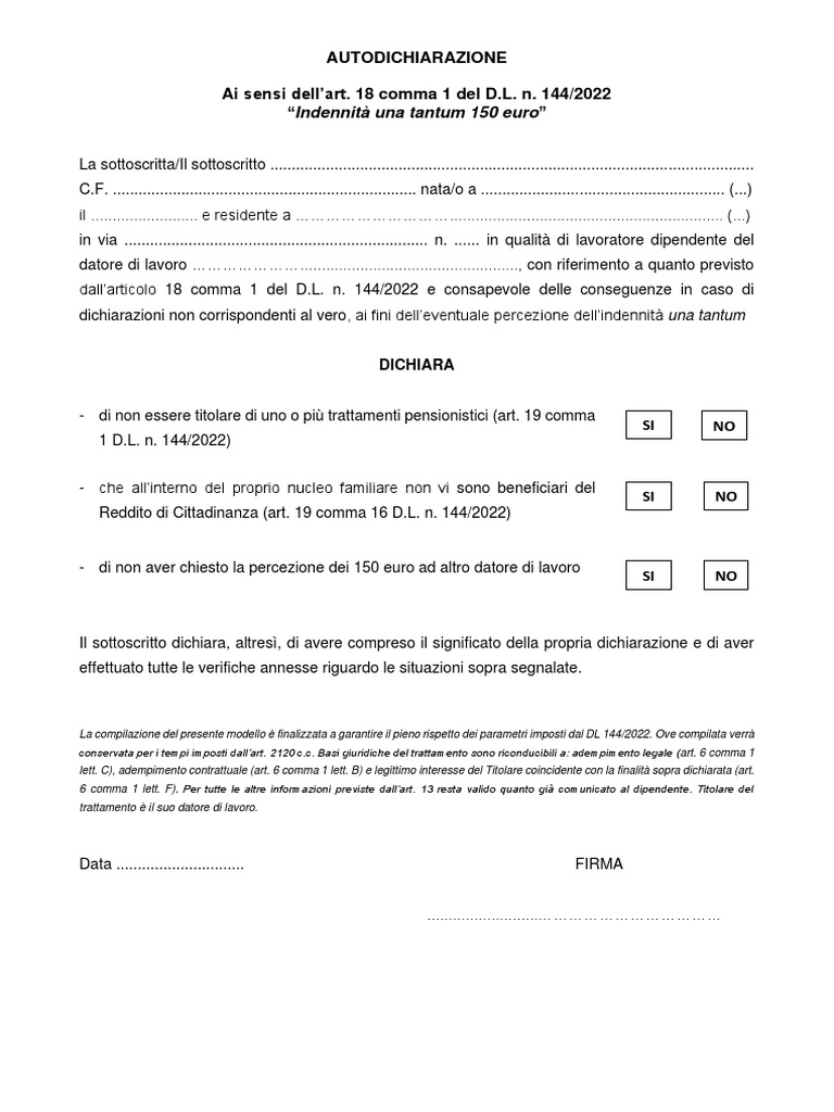 Modulo Autodichiarazione Bonus 150 Euro | PDF