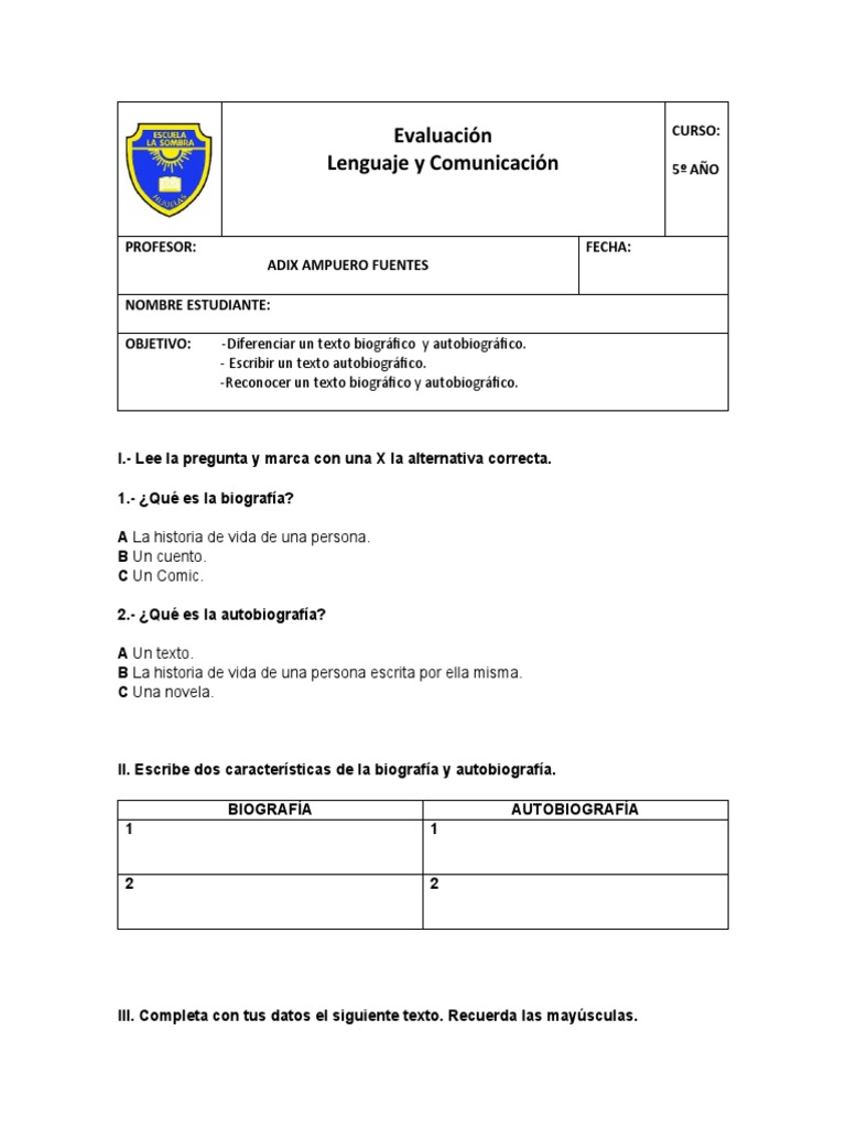 Prueba Biografia Autobiografia | PDF