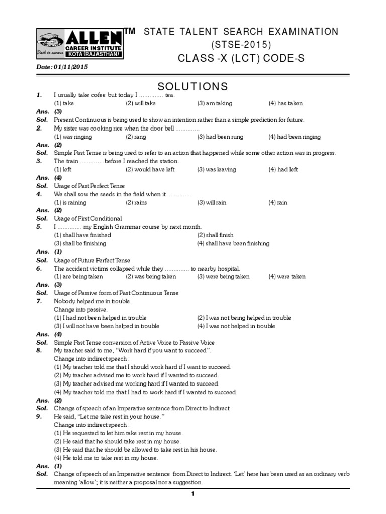 English STSE 2015 (LCT) Paper (Solution) | PDF | Question | Verb
