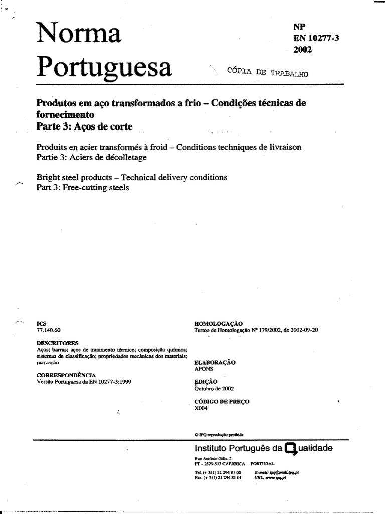 EN 10277-3 2002 I Aço Transformado A Frio. Aços de Corte | PDF