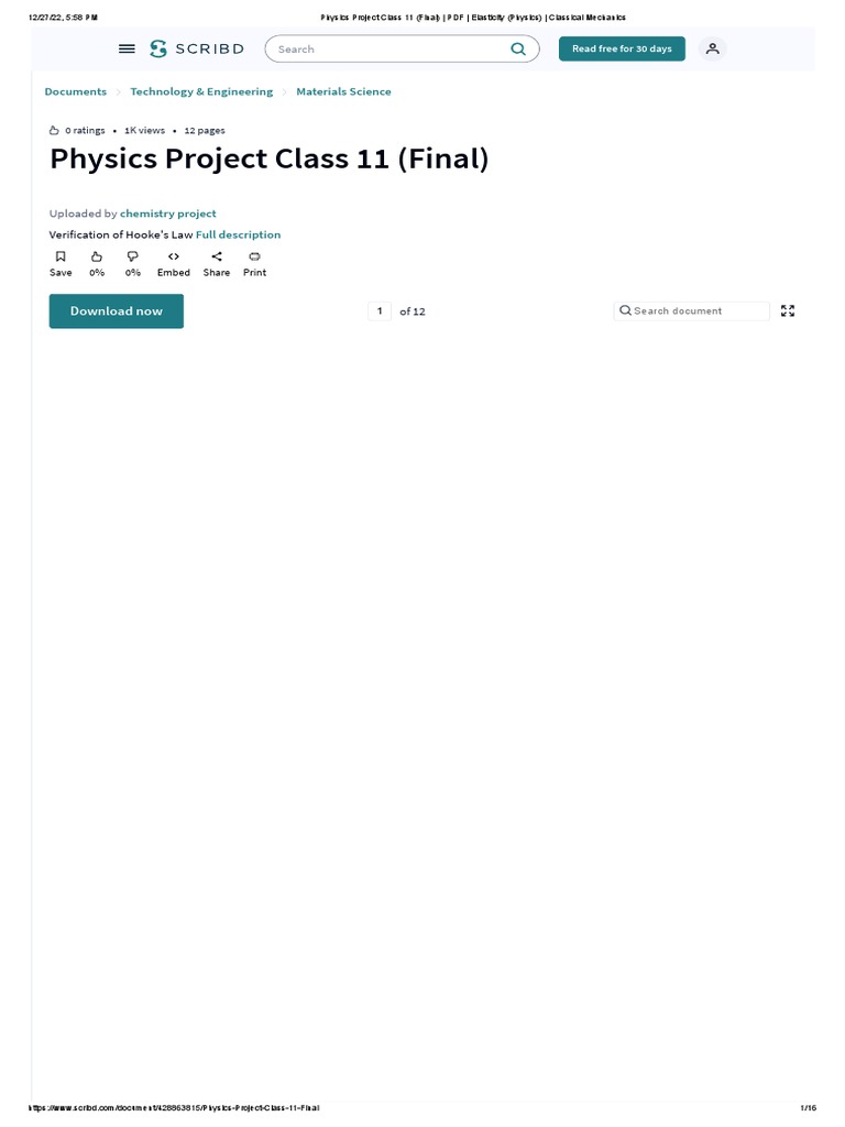 Physics Project Class 11 (Final) - PDF - Elasticity (Physics ...