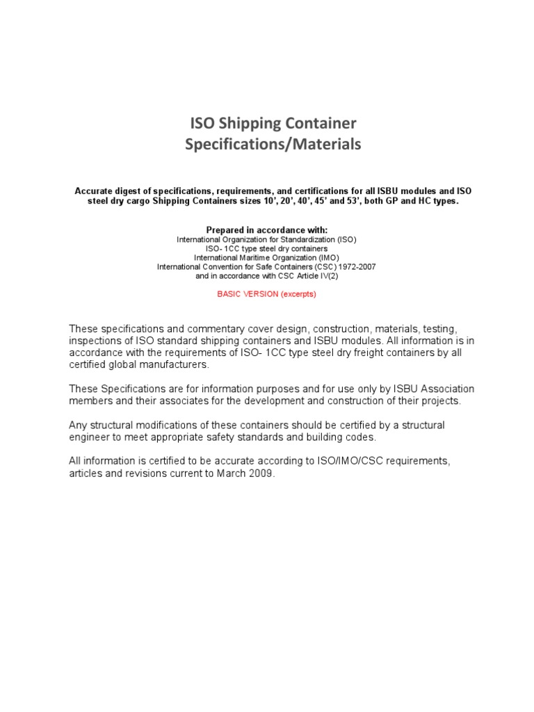 ISO Container Specifications | PDF | Framing (Construction) | Door