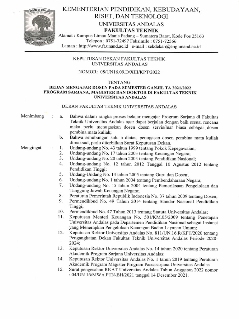 SK Dekan No. 8 TTG Beban Mengajar Dosen Ganjil TA. 2021-2022 Prodi S1, S2 & S3 | PDF | Teknologi ...