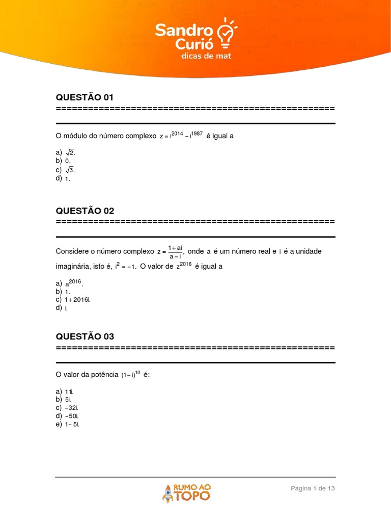 Lista de Exercicios - Numeros Complexos 2 | PDF | Número complexo | Álgebra abstrata