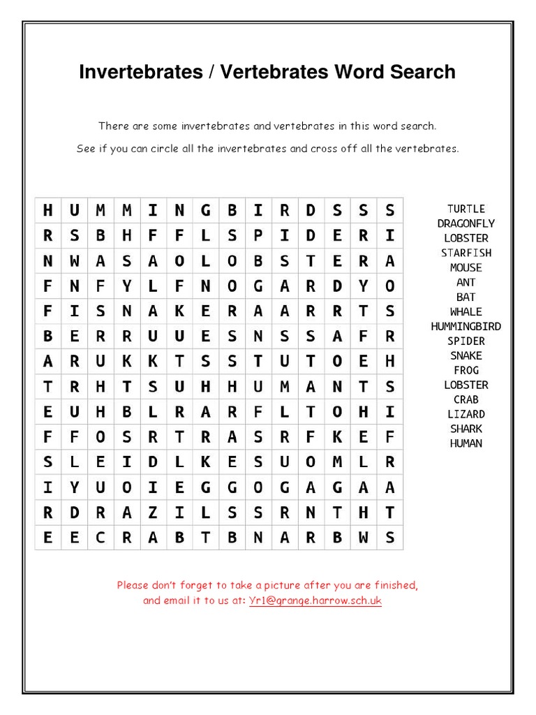 Verterbrates and Invertebrates Word Search | PDF