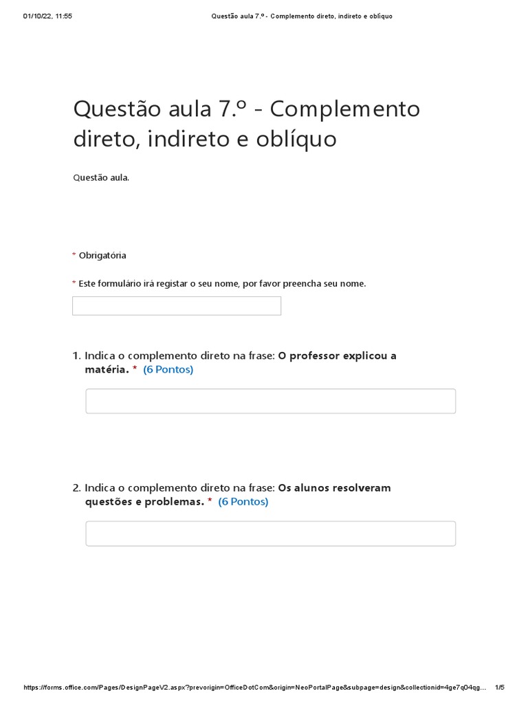 Questão Aula 7.º - Complemento Direto, Indireto e Oblíquo | PDF