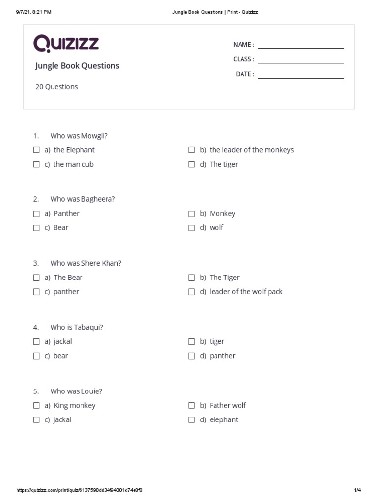 Jungle Book Quiz Questions and Answers | PDF | Bagheera | Baloo
