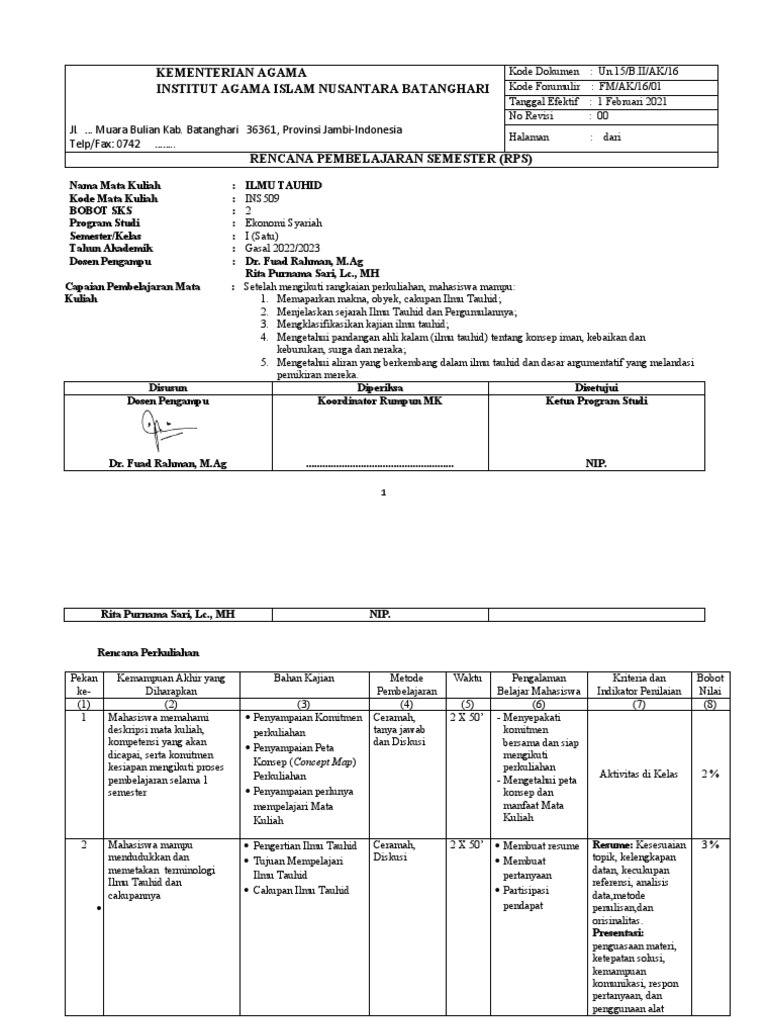 RPS Dan Kontrak Kuliah MK Ilmu Tauhid | PDF
