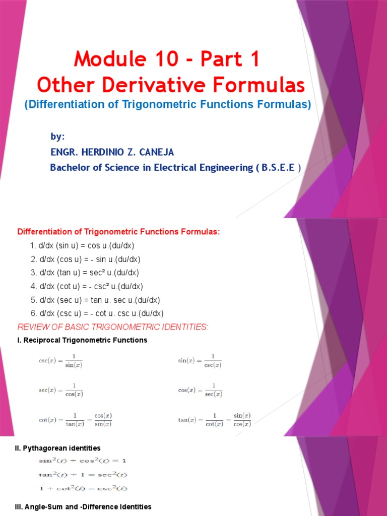 Module 10 Part 1 Other Derivatives Formula Trigonometric Functions Pdf