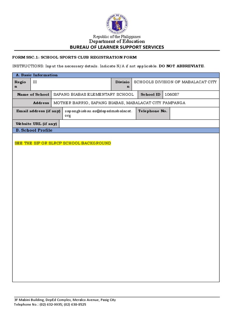 SBES - FORM SSC.1 2 School Sports Club Registration Form v1 | PDF | Games Of Physical Skill ...