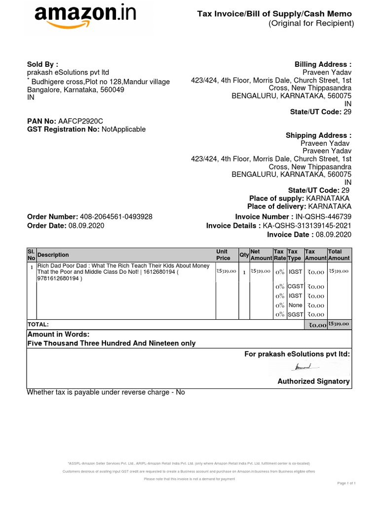 Tax Invoice for the Sale of 'Rich Dad Poor Dad' and 'Secrets of Closing ...
