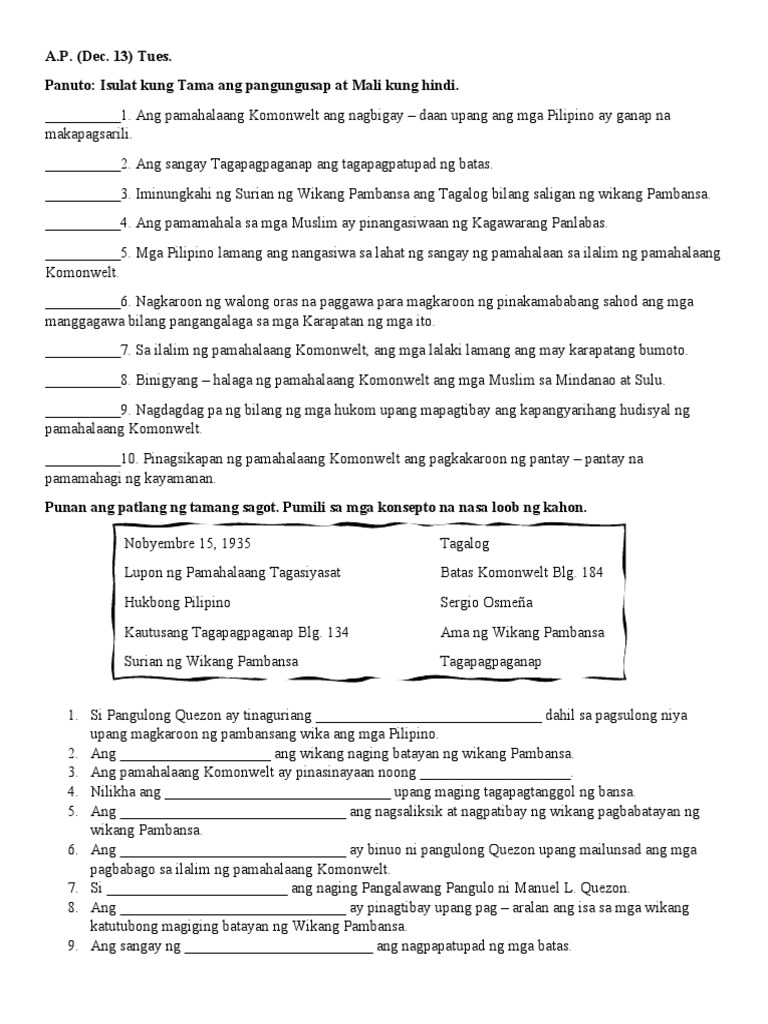 A.P. (Dec. 13) Tues. Panuto: Isulat Kung Tama Ang Pangungusap at Mali ...