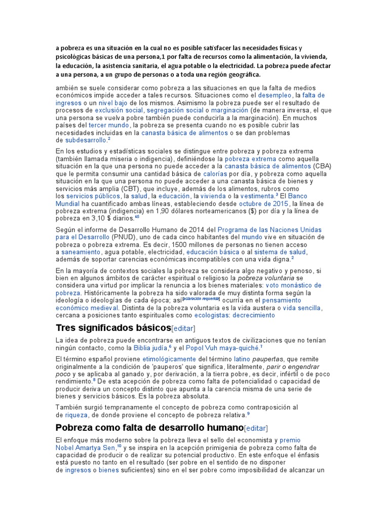 A Pobreza Es Una Situación en La Cual No Es Posible Satisfacer Las ...