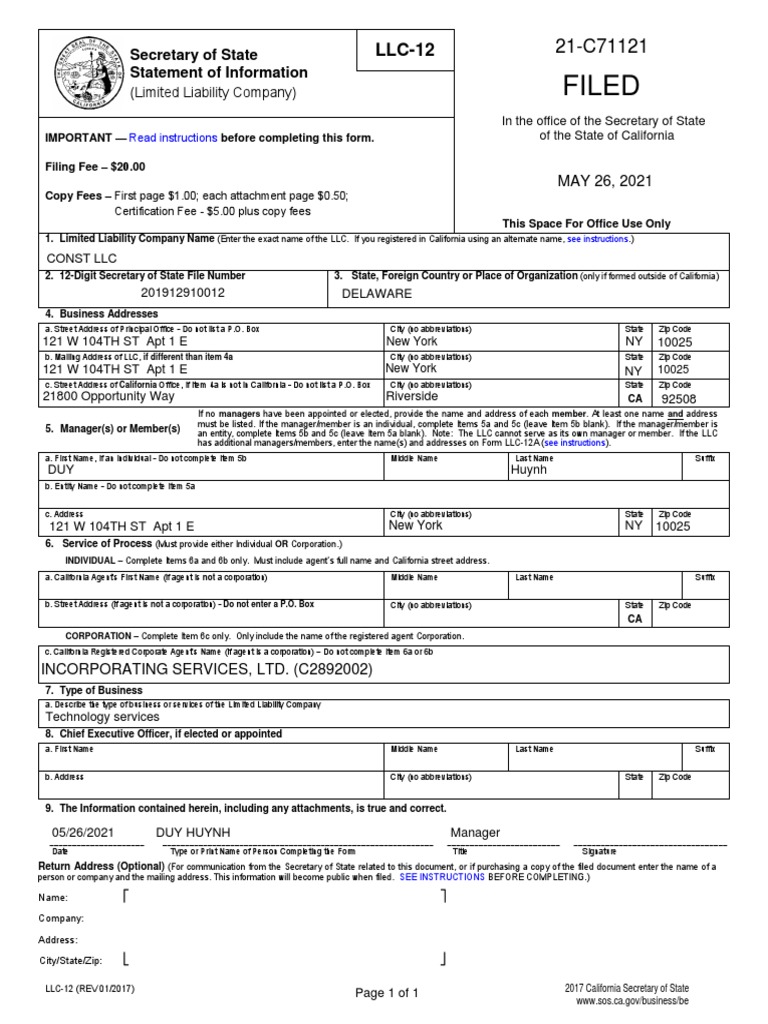 Const LLC | PDF | Limited Liability Company | Corporations