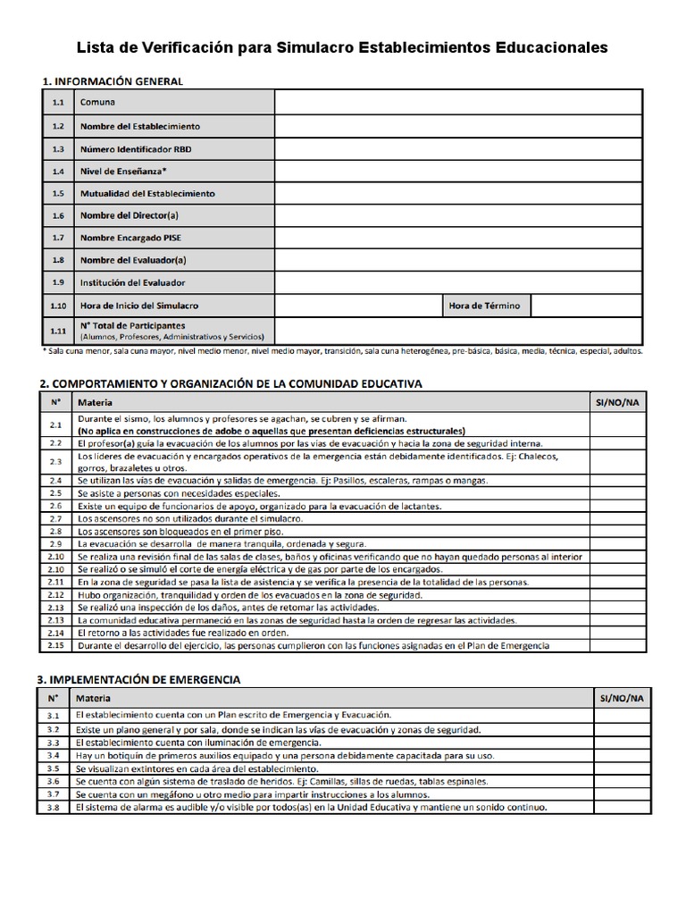 Lista de Verificación para Simulacro Establecimientos Educacionales | PDF