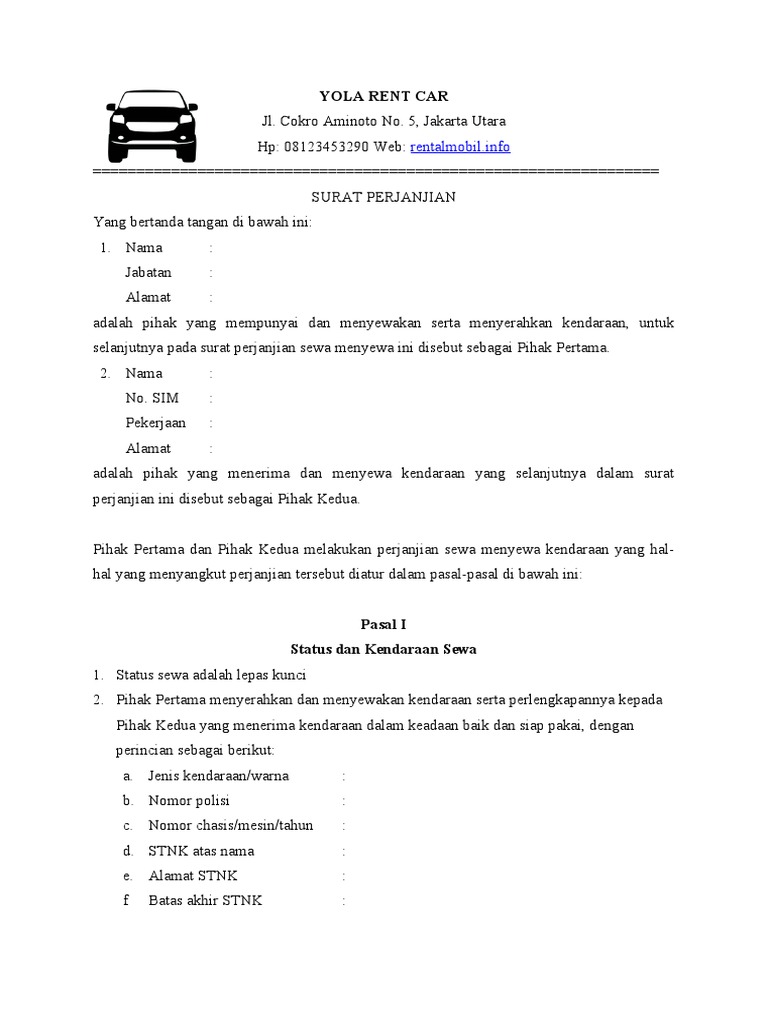 Surat Perjanjian Rental Mobil Lepas Kunci | PDF