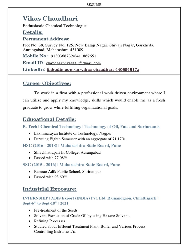 Vikas Chaudhari Resume | PDF | Nanoparticle | Cooking Oil