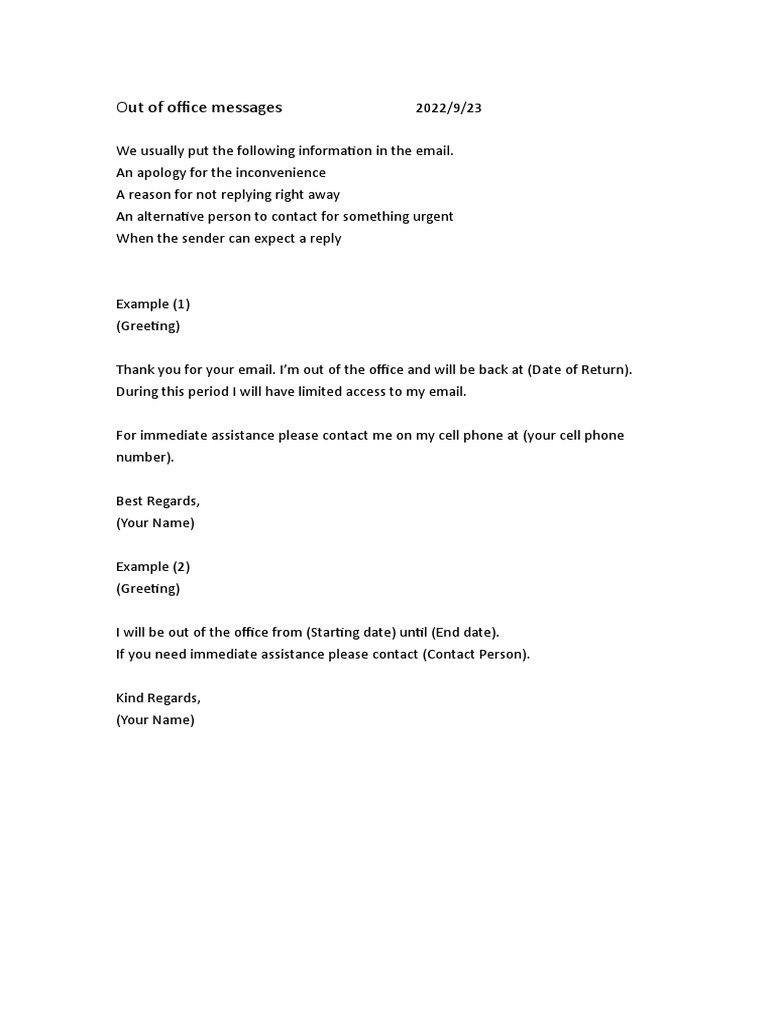 Out of Office Messages 2022 | PDF