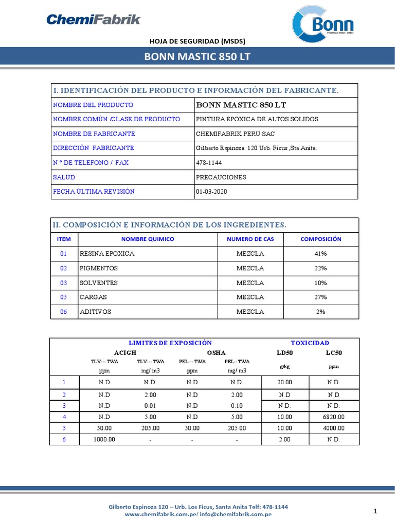 MSDS-Bonn Mastic 850 LT | PDF | Agua | Sustancias químicas