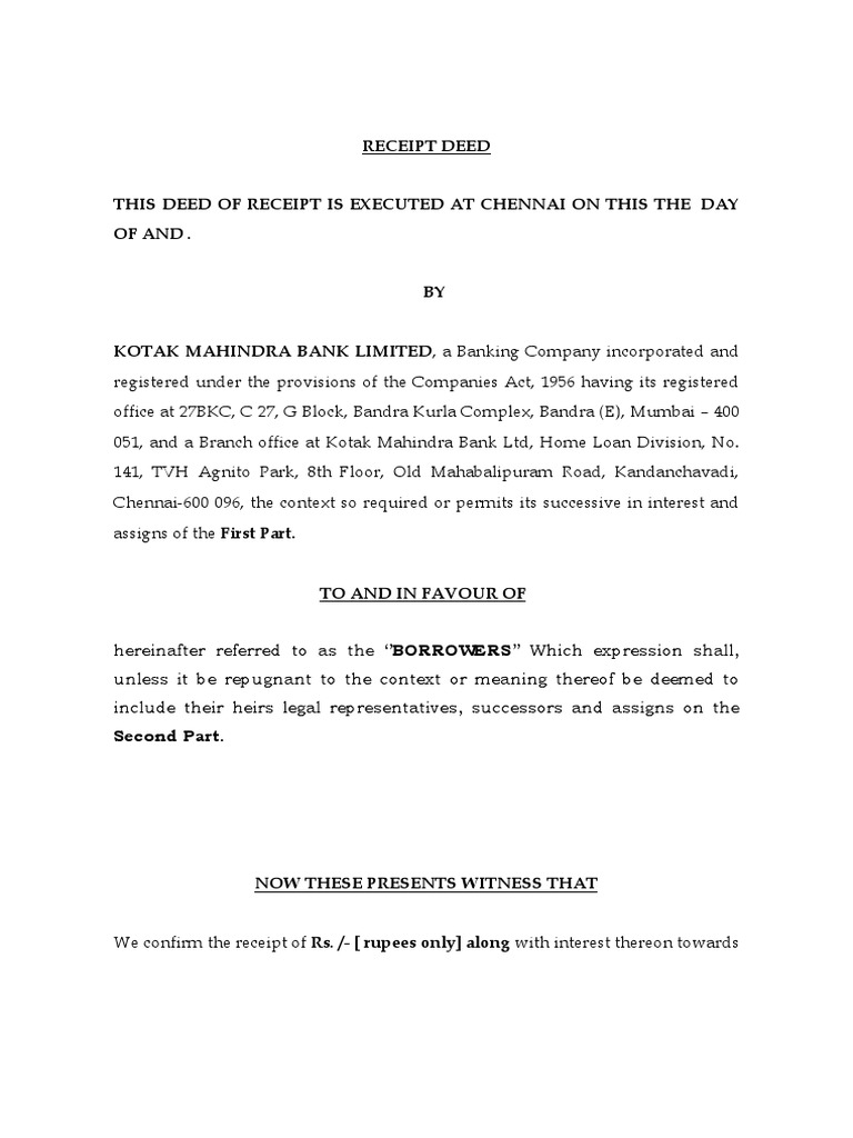 Receipt Deed Draft Kotak | PDF | Business | Finance & Money Management