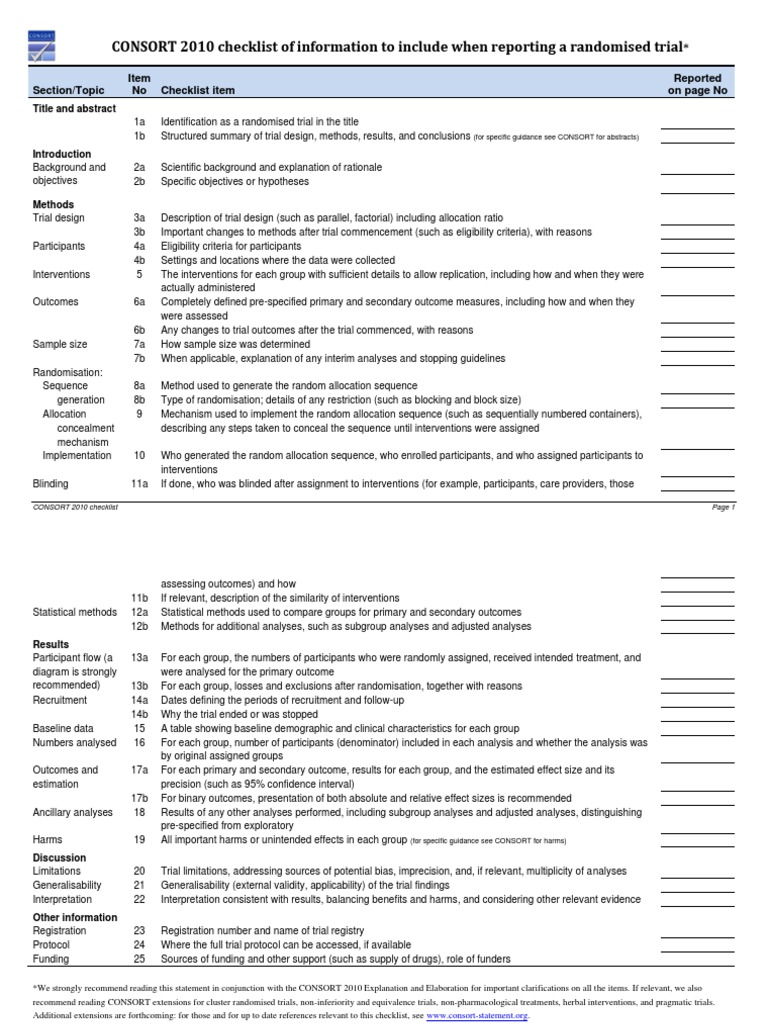 CONSORT 2010 Reporting Checklist | PDF | Randomized Controlled Trial ...