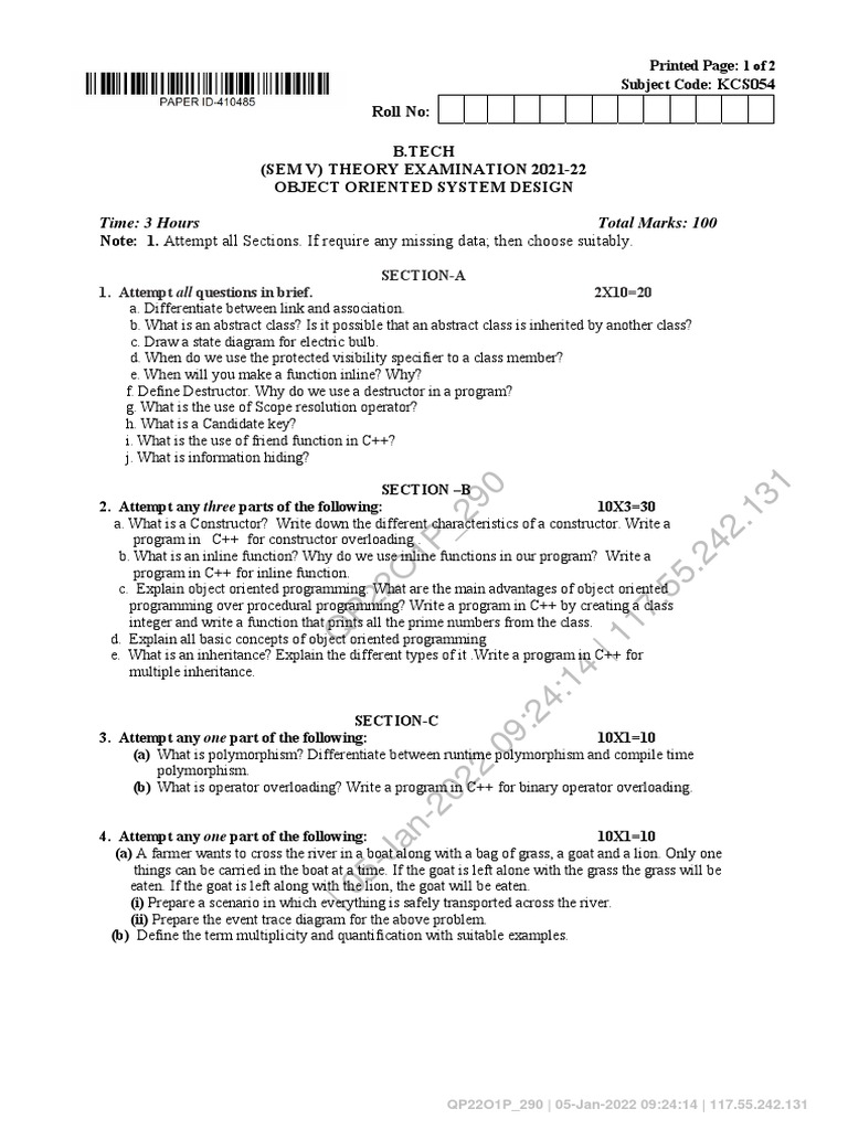Object Oriented System Design Kcs 054 2 Pdf C Class Computer Programming 5240