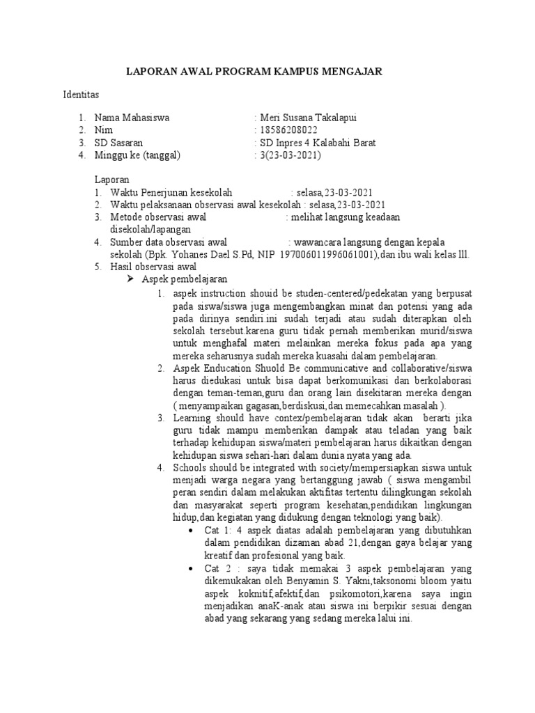 Laporan Awal Program Kampus Mengajar | PDF