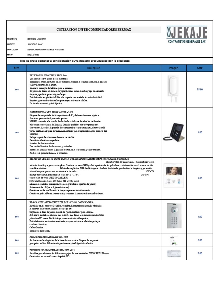 Cot. Sistema de Intercomunicadores Linsidro | Descargar gratis PDF ...