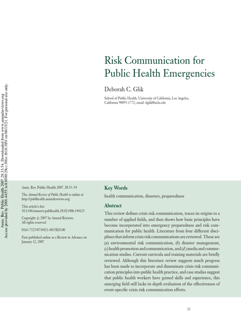 Risk Communication For Public Health Emergencies | PDF | Risk ...