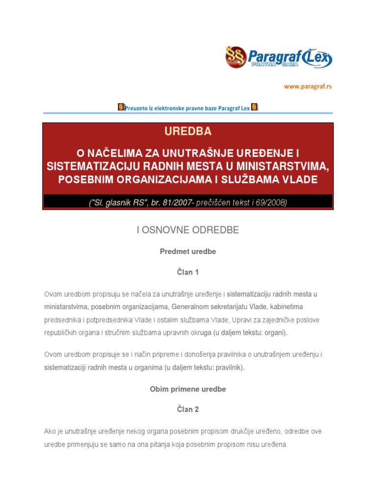 Uredba o Nacelima Za Unutrasnje Uredjenje I Sistematizaciju Radnih Mesta U Ministarstvima | PDF