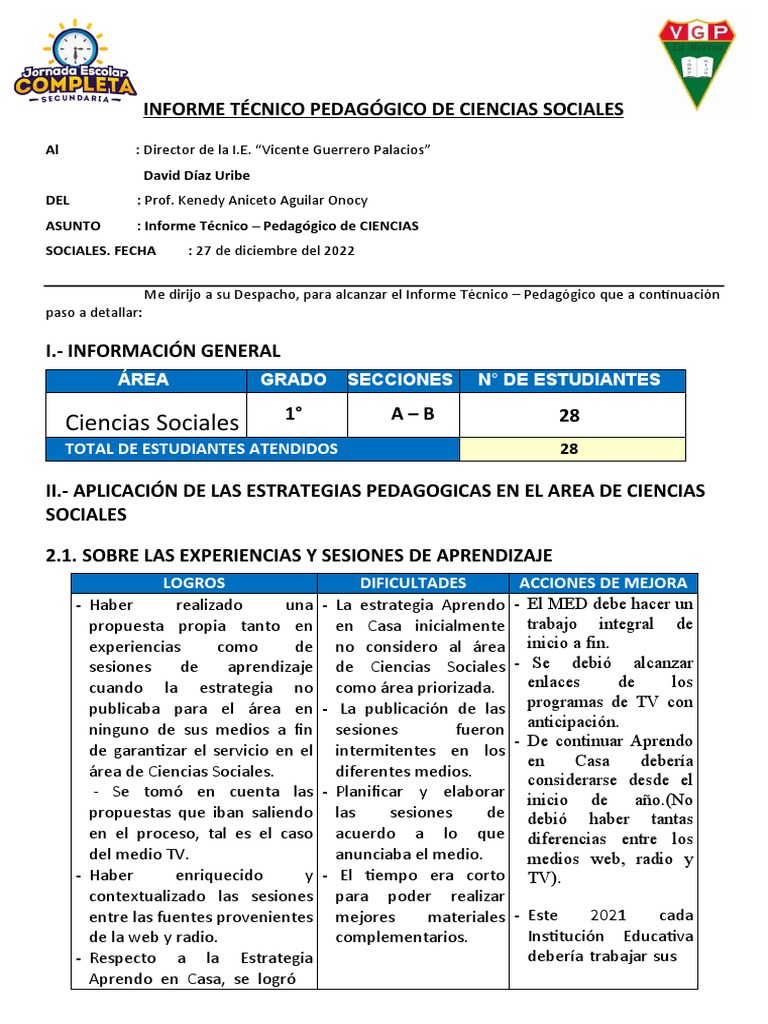 Informe Tecnico Pedagogico de Ciencias Sociales | PDF | Evaluación | Aprendizaje