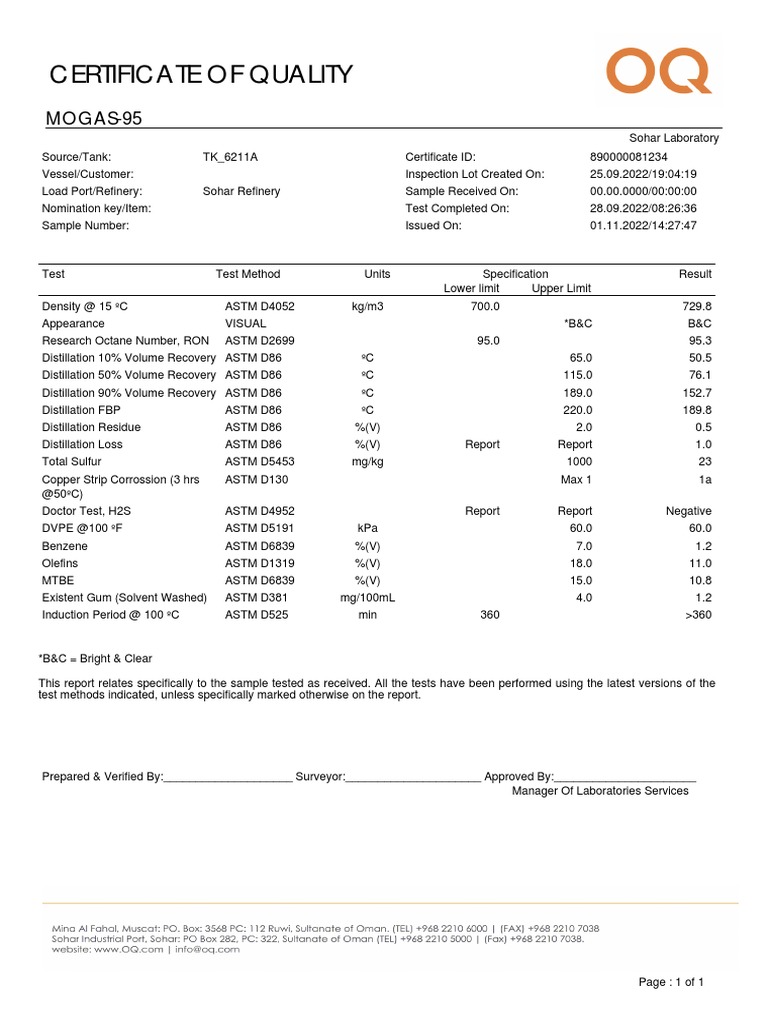 Certificate of Quality: MOGAS-95 | PDF | Fuels | Industrial Processes