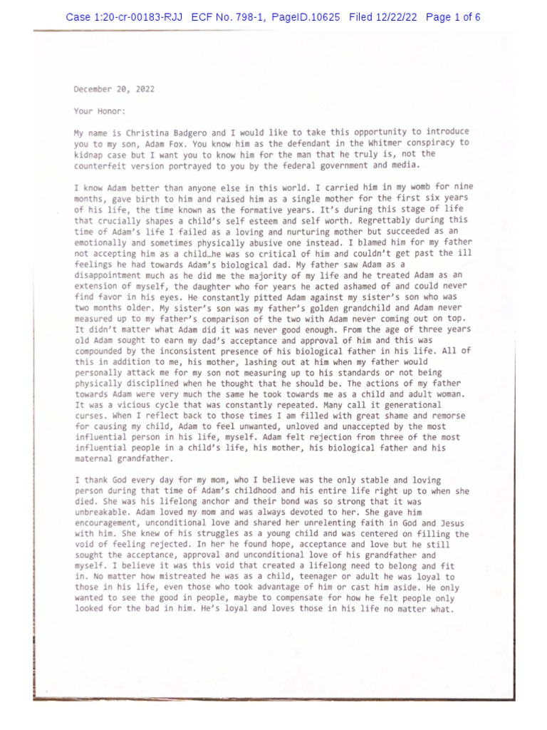 USA Vs Fox, Et Al: Def Letter in Support Prior To Sentencing Christina Badgero | PDF ...