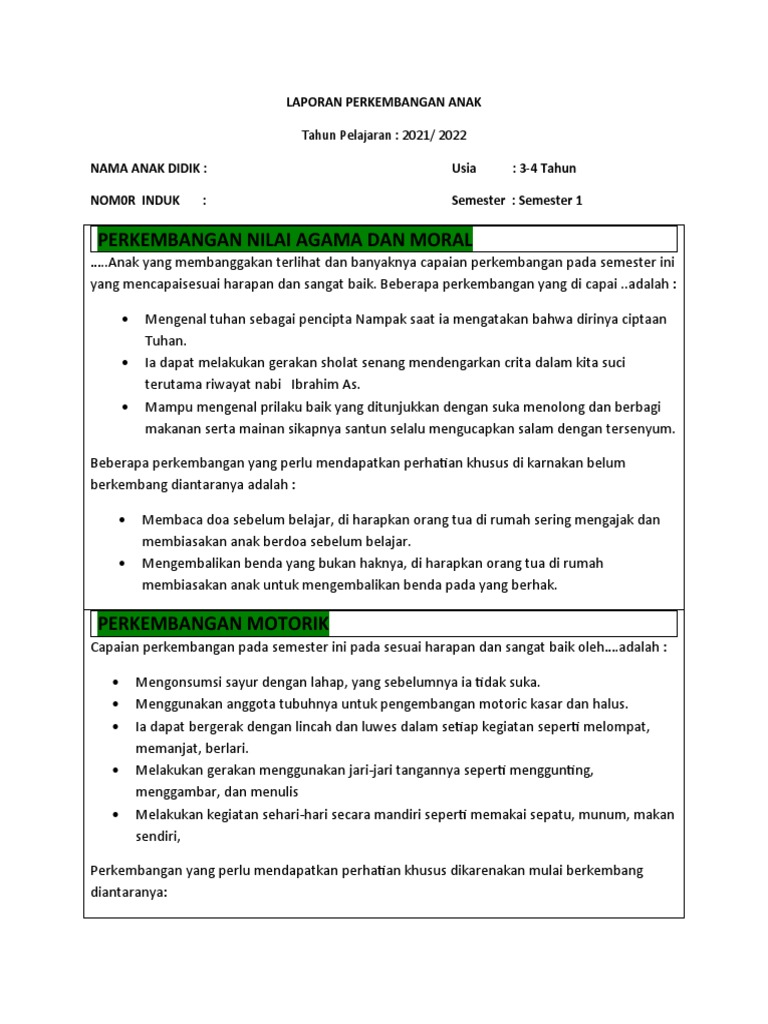 Rapot Anak KB Semester 2 2022 | PDF