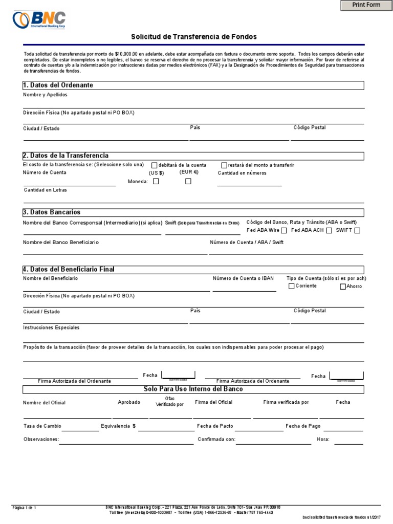 Solicitud de Transferencia de Fondos Internacional: Documento que Detalla los Requisitos y ...