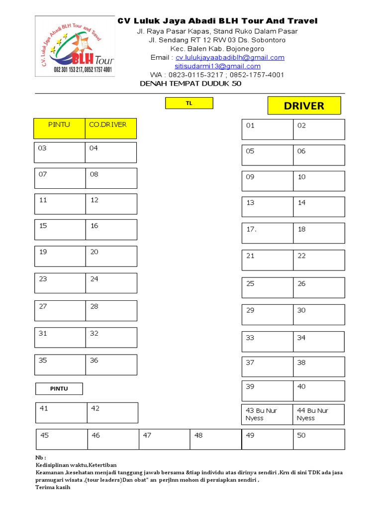 Denah Kursi Bus 50 Seat 2-2 | PDF