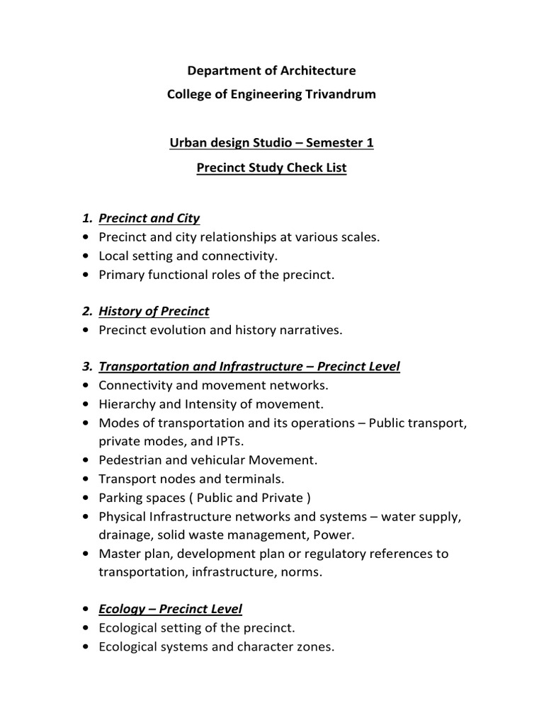 Urban Design Studio Precinct Study Checklist | PDF | Urban Planning | Ecology