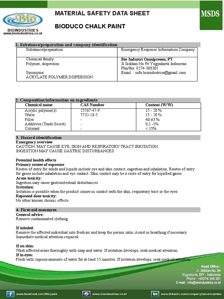 MSDS Bioduco Chalk Paint | PDF | Personal Protective Equipment | Toxicity