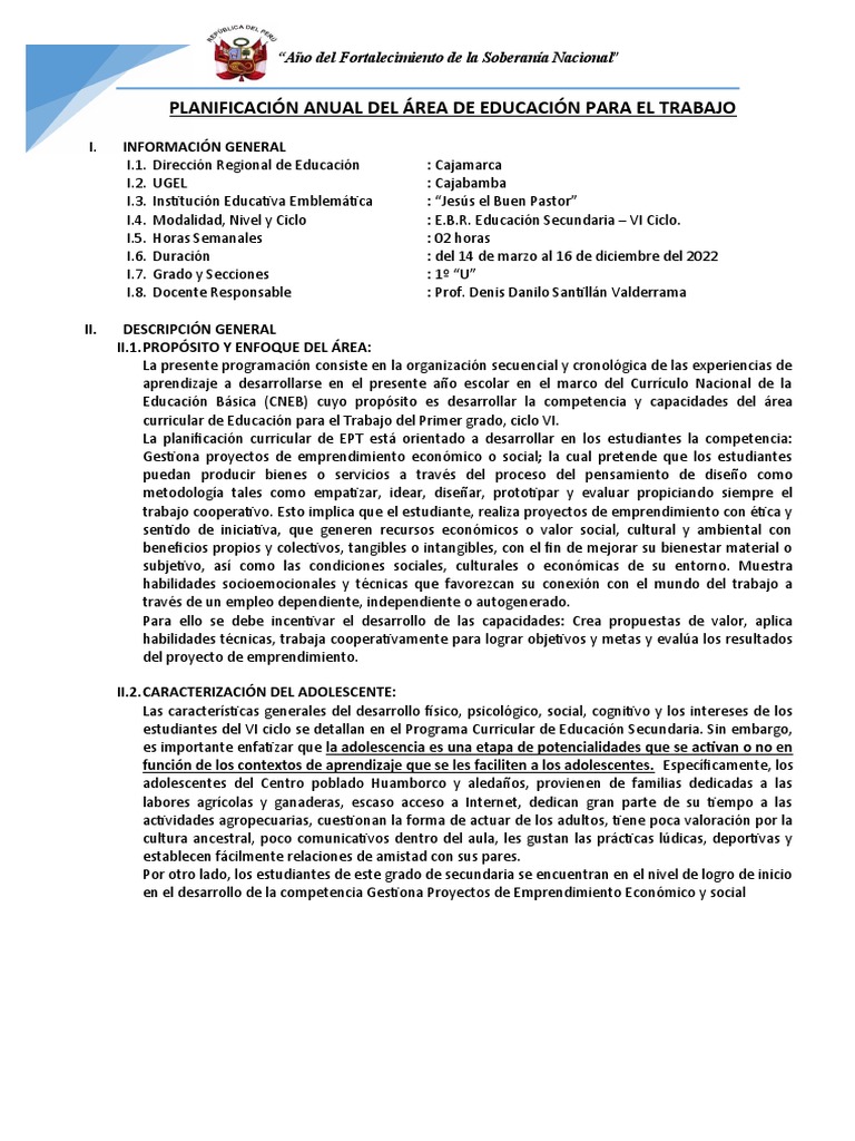 Programacion Anual de Ept 1° - 2022 | PDF | Aprendizaje | Iniciativa empresarial