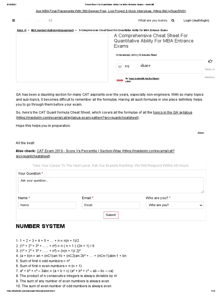 Cheat Sheet For Quantitative Ability For MBA Entrance Exams - InsideIIM ...