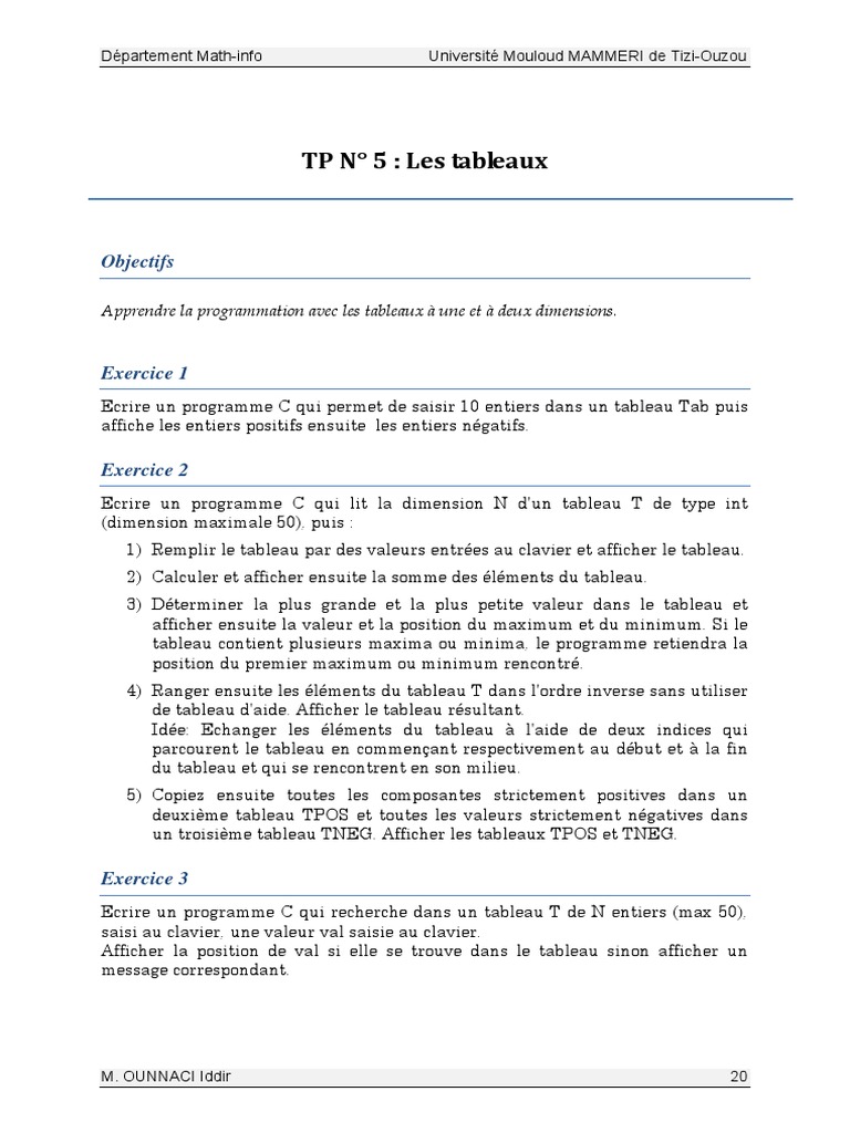 TP 5 Les Tableaux | PDF | Matrice (Mathématiques) | Algèbre linéaire