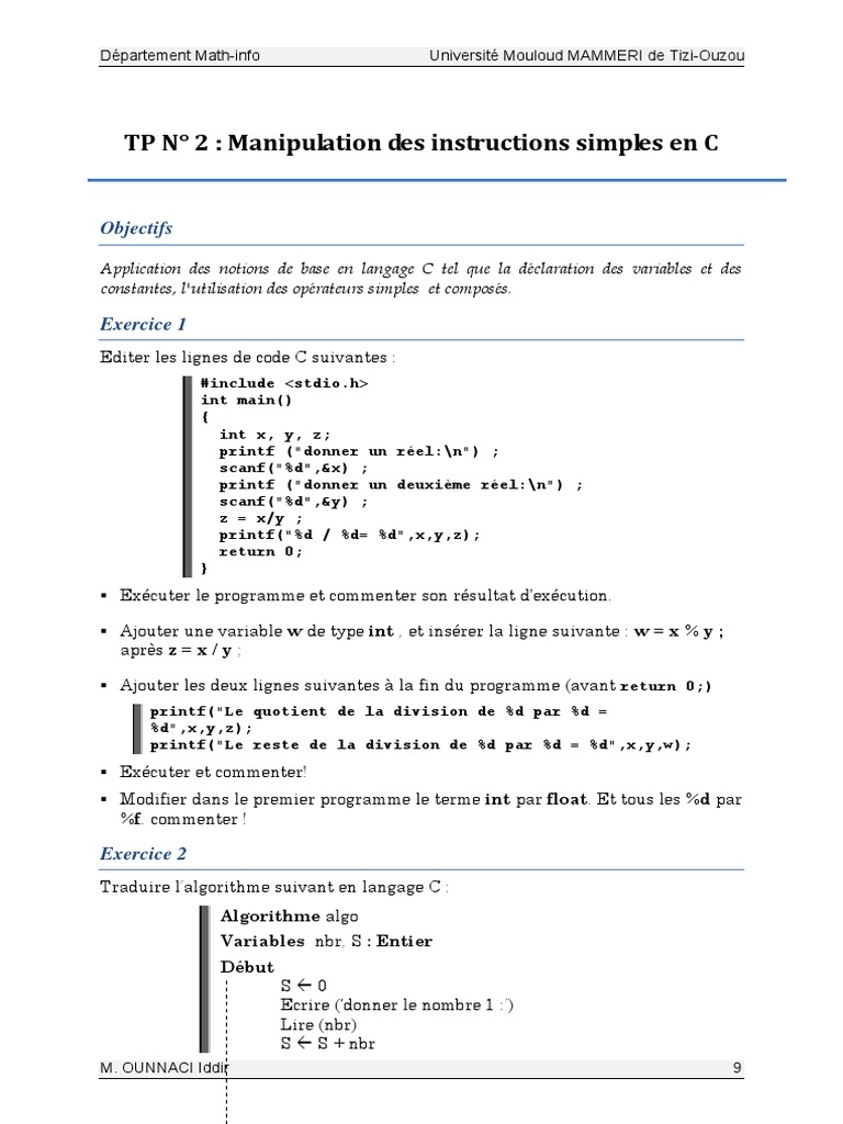 TP 2 Manipulation Des Instructions Simples en C | PDF | Programme ...