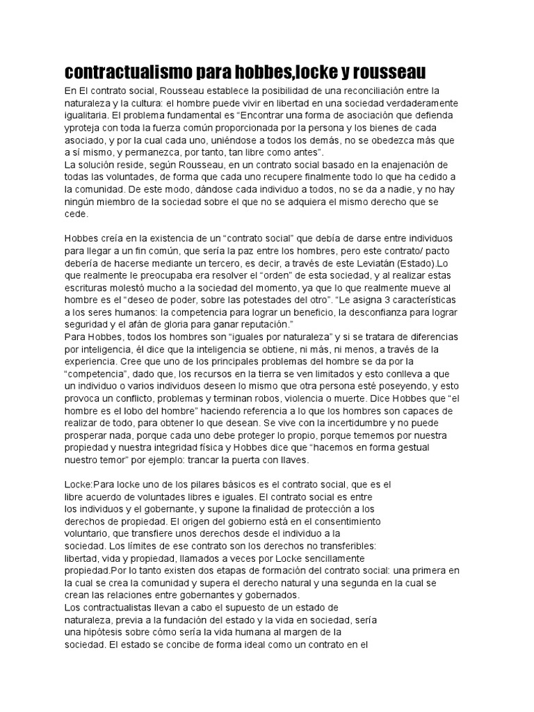 Contractualismo para Hobbes, Locke y Rousseau | PDF | Contrato social ...