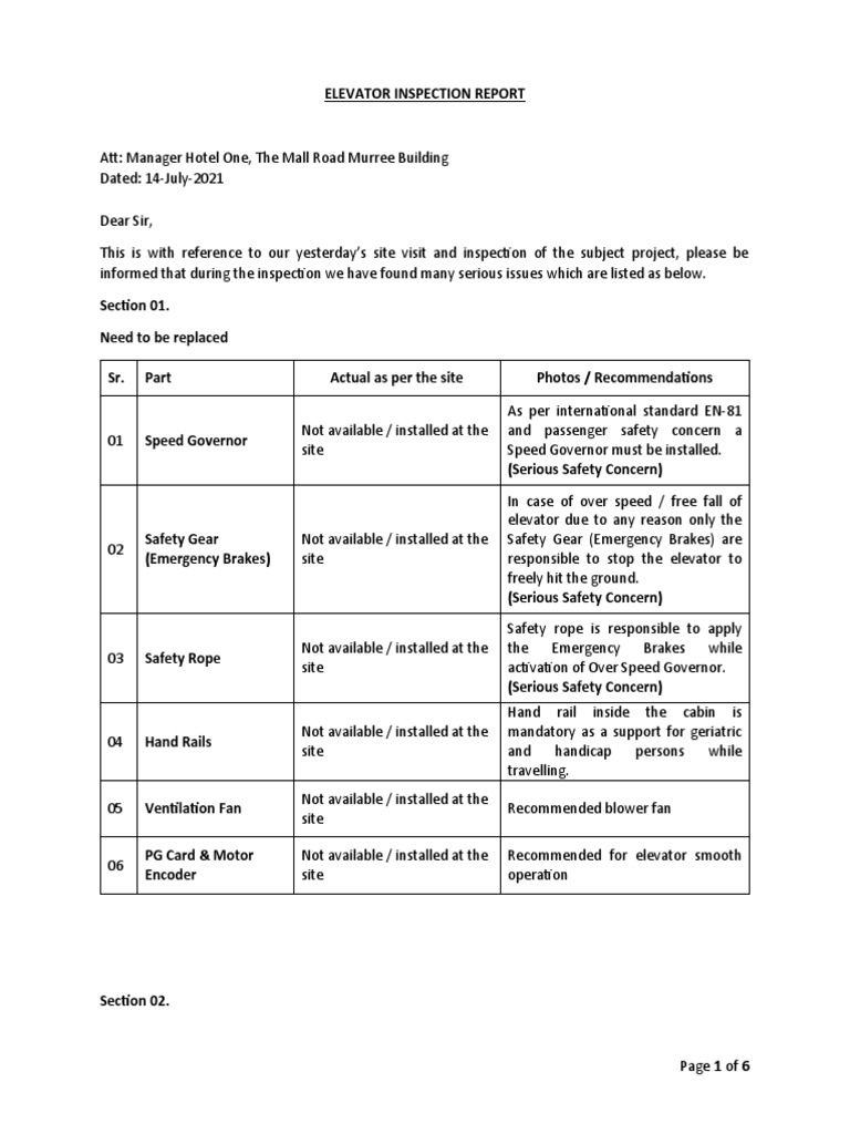 Lift Inspection Report | PDF | Elevator | Door