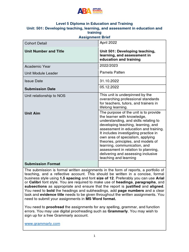 Assignment Brief Unit 501 | PDF | Educational Assessment | Teaching Method