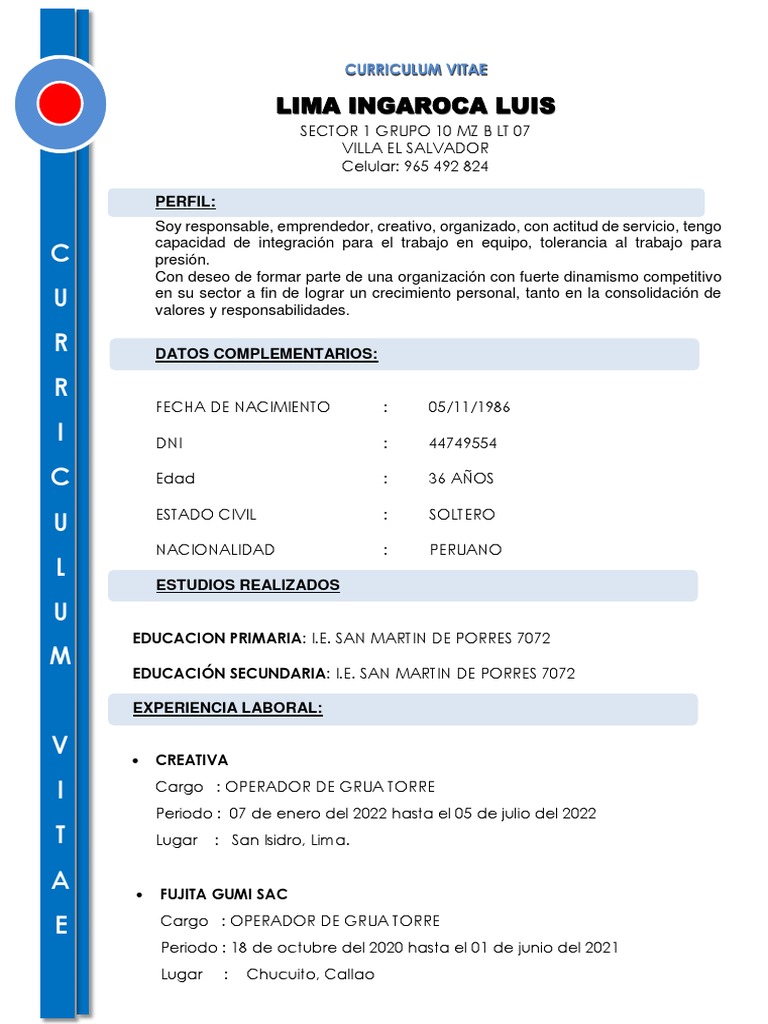CV Luis Operador de Grua Torre | PDF | Lima CV Luis Operador de Grua Torre | PDF | Lima