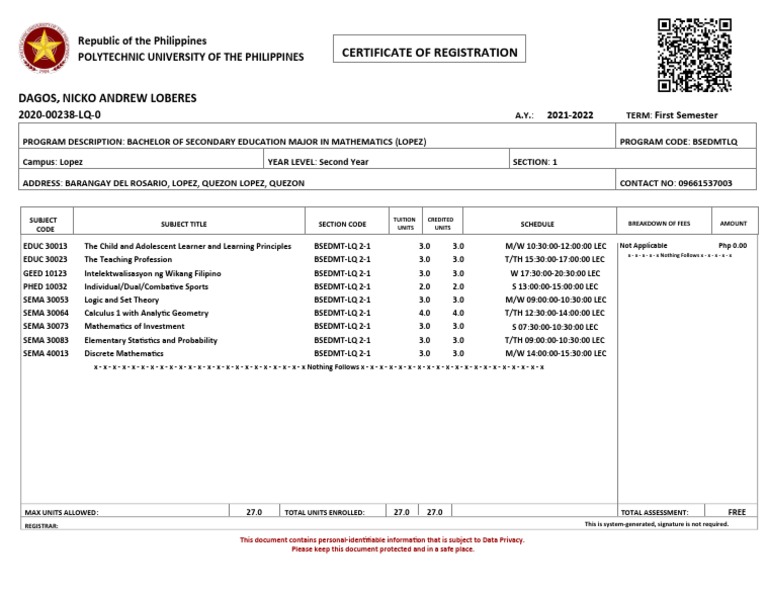Certificate of Registration: Dagos, Nicko Andrew Loberes | PDF ...