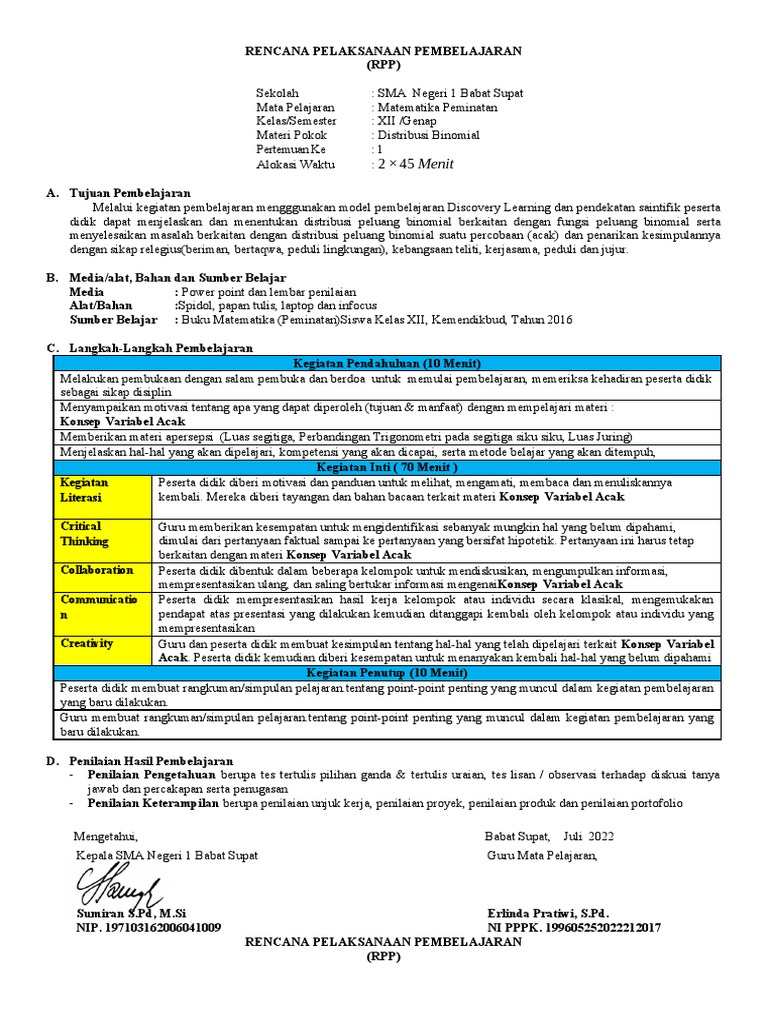RPP Distribusi Binomial 2022 | PDF